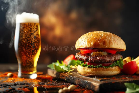 Savory Burger and Frothy Brew in Moody Setting. Stock Illustration ...