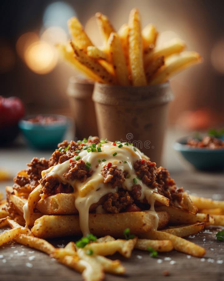 Savory Cheesy Loaded Fries with Ground Beef and Chives. Stock ...