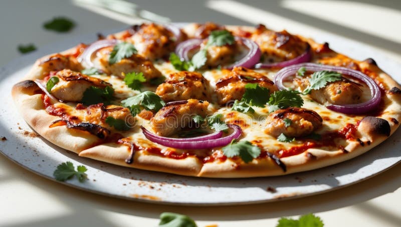 Savory Chicken Pizza with Red Onion and Cilantro. Stock Photo - Image ...