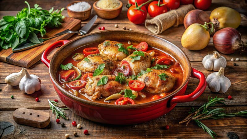 Savory Chicken Stew with Tomatoes, Herbs, and Garlic in Rustic Red Pot ...