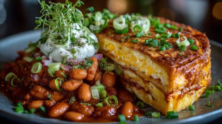 Savory Cornbread Stack with Chili Beans and Sour Cream Stock ...