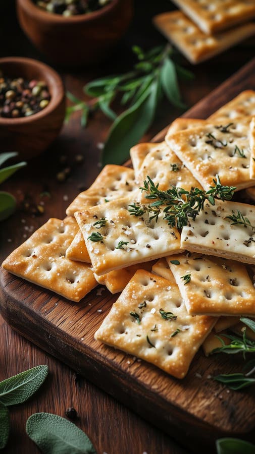 Savory Crackers Topped with Herbs on a Wooden Board in a Rustic Setting ...