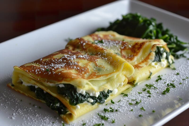 Savory Crepes with Spinach and Ricotta on a White Plate Stock Image ...