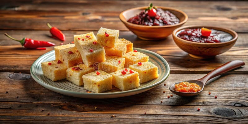 Savory Cubes with Spicy Dipping Sauces on Rustic Wooden Table ...