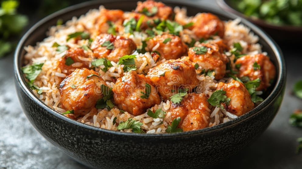 Savory Glazed Protein Cubes Over Rice in a Dark Bowl Stock Illustration ...