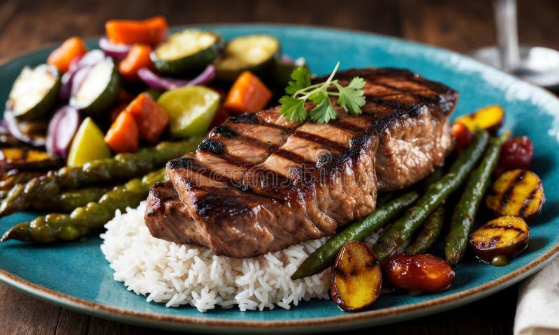 Grilled Steak on Rice with Veggies Stock Photo - Image of nutritious ...
