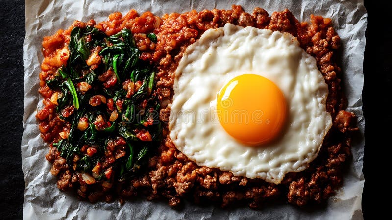 Savory Ground Meat Spinach and Fried Egg Dish Stock Illustration ...