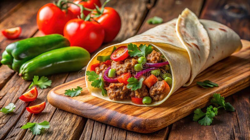 Savory Ground Meat and Vegetable Wrap on Rustic Wooden Board ...