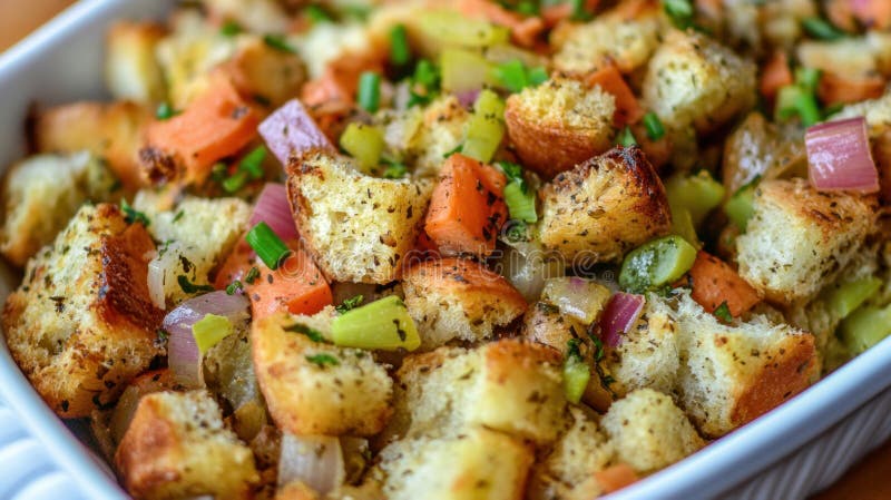 Savory Herb Stuffing with Vegetables and Toasted Bread Cubes for a ...