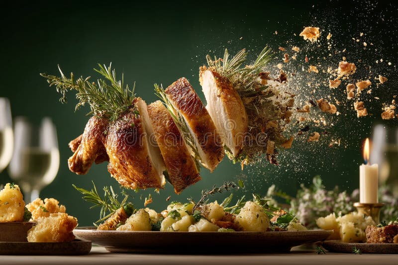 A Roast Chicken Splits Open Mid-air, Scattering Herbs and Stuffing with ...