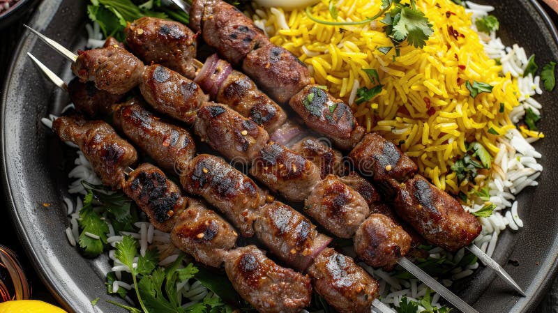 Savory Kebabs Over Rice with Fresh Herbs and a Side of Tangy Sauce ...