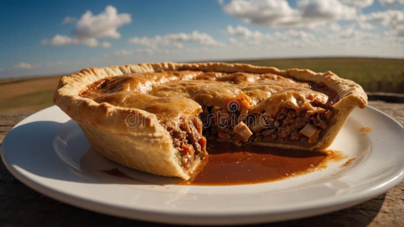 Delicious Homemade Meat Pie on Rustic Wooden Table with Sunny Outdoor ...