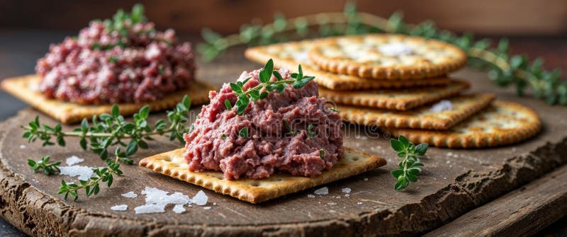 Savory Meat Spread on Crackers with Thyme and Salt. Stock Photo - Image ...