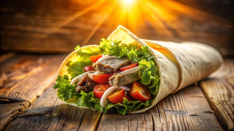 Savory Meat and Vegetable Wrap on Rustic Wooden Table. Generative AI ...