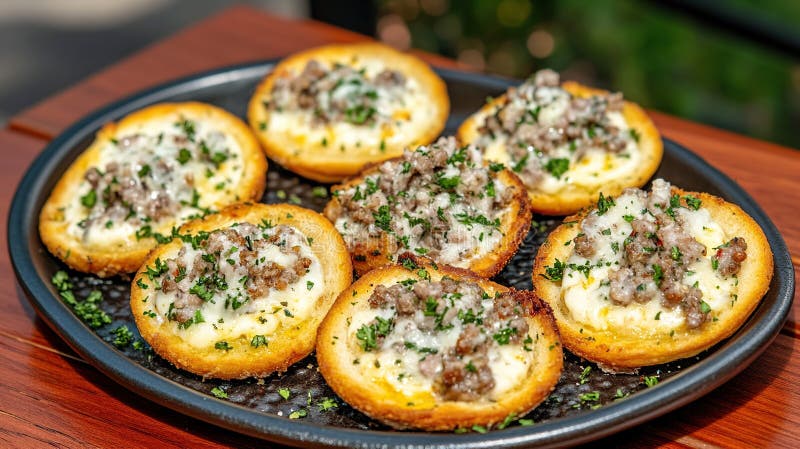 Savory Mini Pizzas Outdoor Wood Table Stock Photo - Image of culinary ...