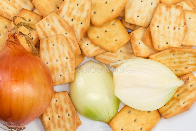 Savory Onion Crackers and Fresh Onion, Top View Close-up Stock Photo ...