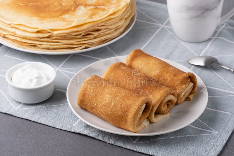 Savory Pancake Rolls Stuffed with Ground Meat, Isolated on Grey ...