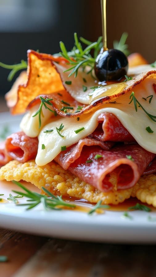 Savory Pancake Stack with Cheese, Ham, Olive, and Syrup Drizzle Stock ...