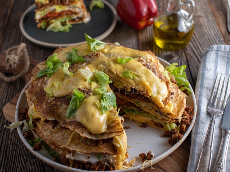 Savory Pancake Stack, Tex Mex Style with Ground Beef, Beans, Sour Cream ...
