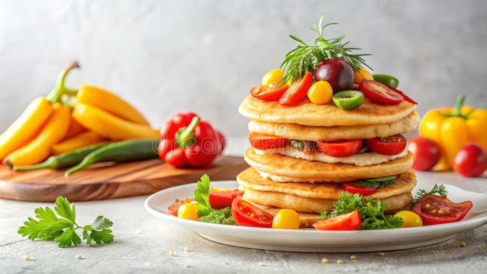 Savory Pancake Stack with Vibrant Vegetable Garnish and Fresh Herbs ...