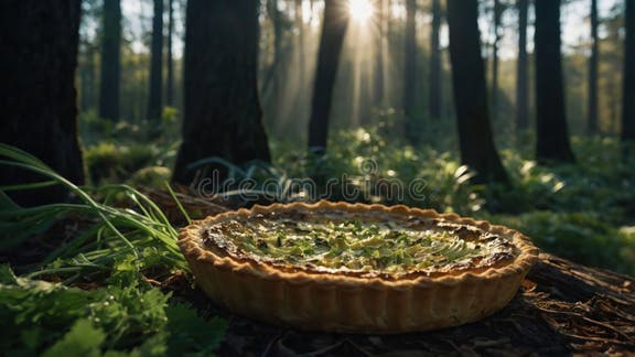 A Savory Pie Resting on the Forest Floor, Illuminated by Soft Sunlight ...
