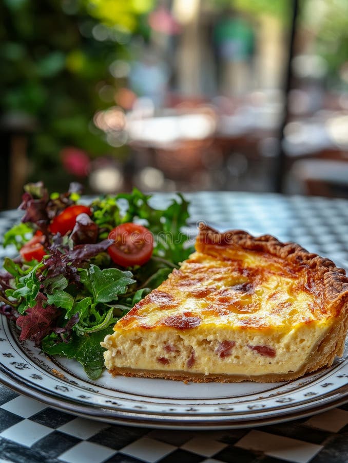 A Savory Quiche Served with a Side Salad on a Checkered Table. Stock ...
