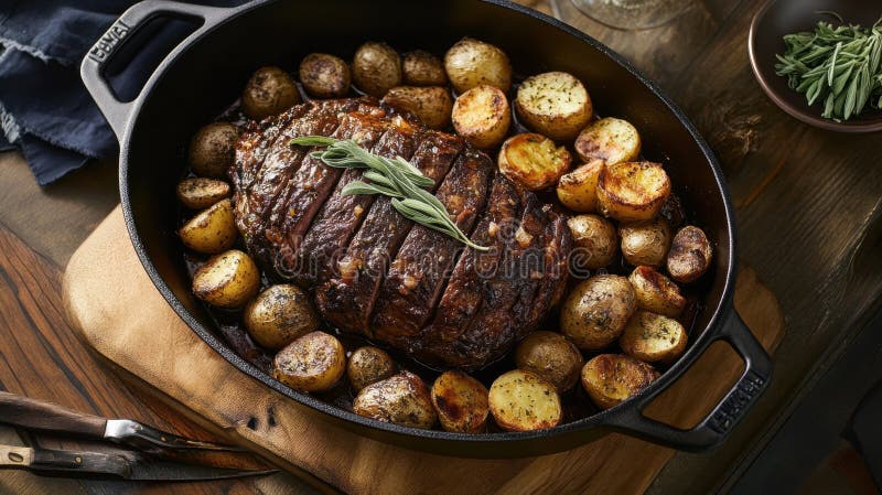 Savory Roasted Beef with Herb Crusted Potatoes in Cast Iron Dish Stock ...