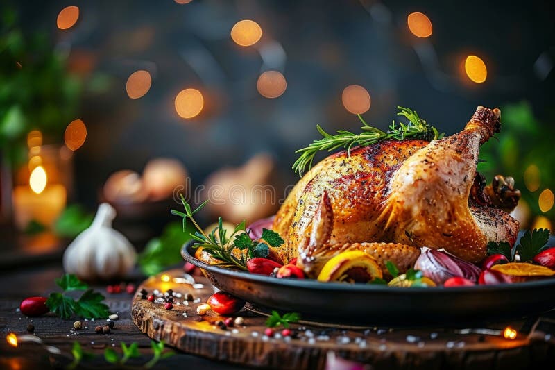 Savory Roasted Chicken with Fresh Herb Garnish on Rustic Table ...