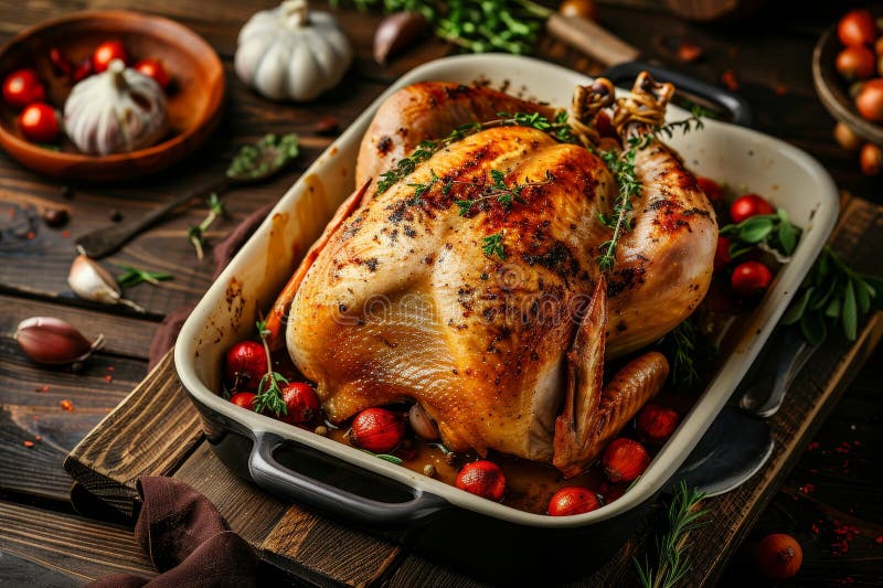 Savory Roasted Chicken with Fresh Herb Garnish on Rustic Table ...