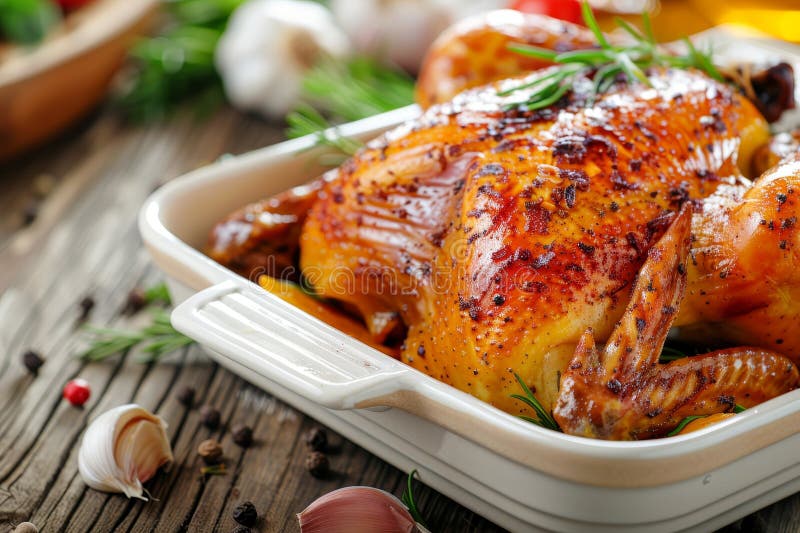 Savory Roasted Chicken with Fresh Herb Garnish on Rustic Table ...