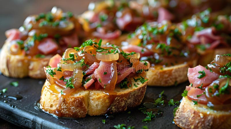 Savory Serrano Ham Toasts with Sweet Onion Drizzle. Concept Appetizer ...