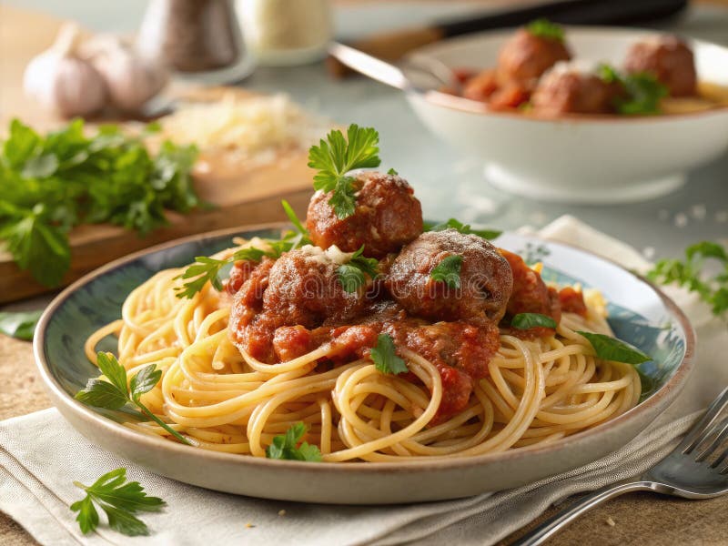 Savory Spaghetti with Beef Meatballs Garnished with Fresh Herbs on a ...