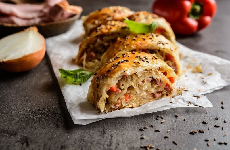 Savory Strudel with Sour Cabbage, Bacon and Onion Stock Image - Image ...