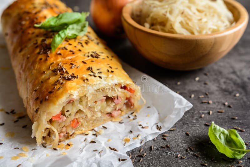 Savory Strudel with Sour Cabbage, Bacon and Onion Stock Photo - Image ...