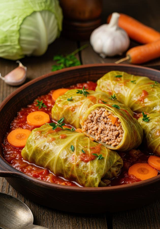 Savory Stuffed Cabbage Rolls in Rich Tomato Sauce Stock Illustration ...