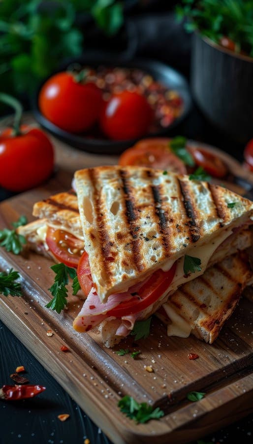 Savory Triangle Sandwich with Layers of Ham, Cheese, Fresh Tomato, and ...
