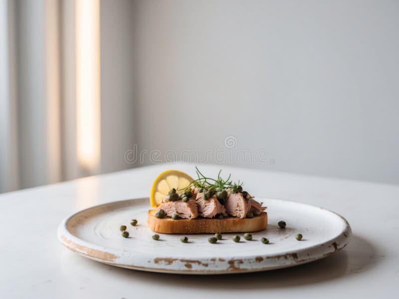 Savory Tuna Toast Topped with Capers and Lemon on Rustic Wood. Stock ...