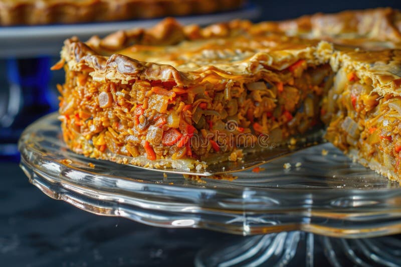 Savory Vegetable Pie on Glass Stand with a Golden Crust Stock Photo ...