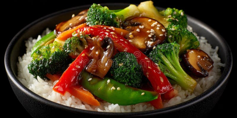 Savory Vegetable Stir Fry Over Rice in Black Bowl Stock Illustration ...