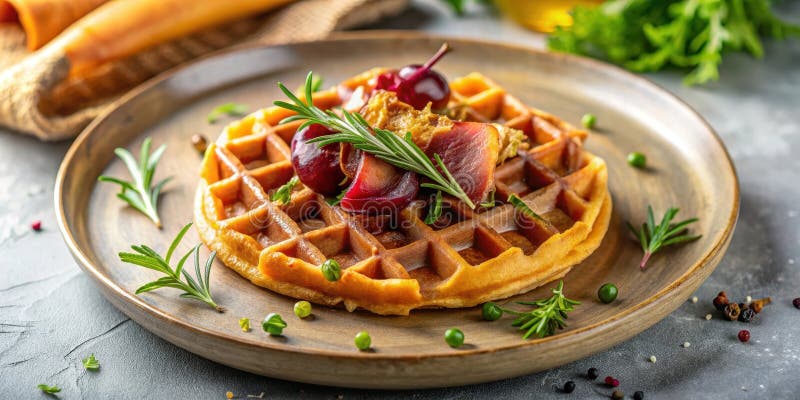 Savory Waffle Dish with Fruit, Herbs, and Meat Garnish on Rustic Plate ...
