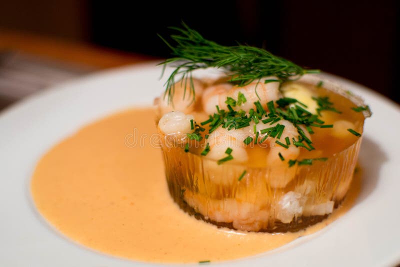 Savoury Jelly with Shrimp and Runny Egg Stock Photo - Image of chives ...