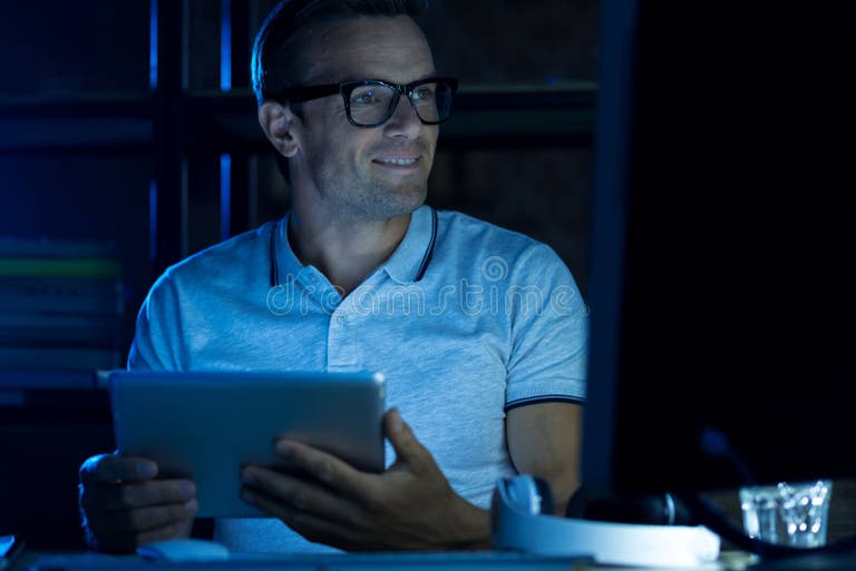 Savvy Thoughtful Man Using Many Gadgets Stock Photo - Image of business ...