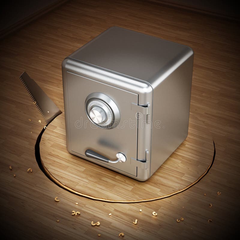 Saw Cutting Parquet Surface with a Closed Steel Safe. 3D Illustration ...
