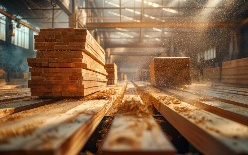Sawdust Flying in Woodworking Factory Processing Lumber Planks Stock ...