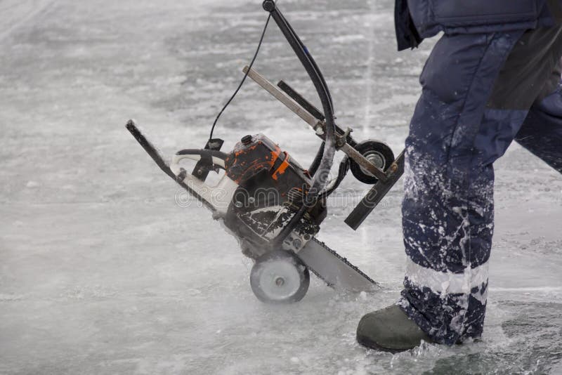 Sawing Machine on the Ice of a Frozen Lake Stock Image - Image of glass ...