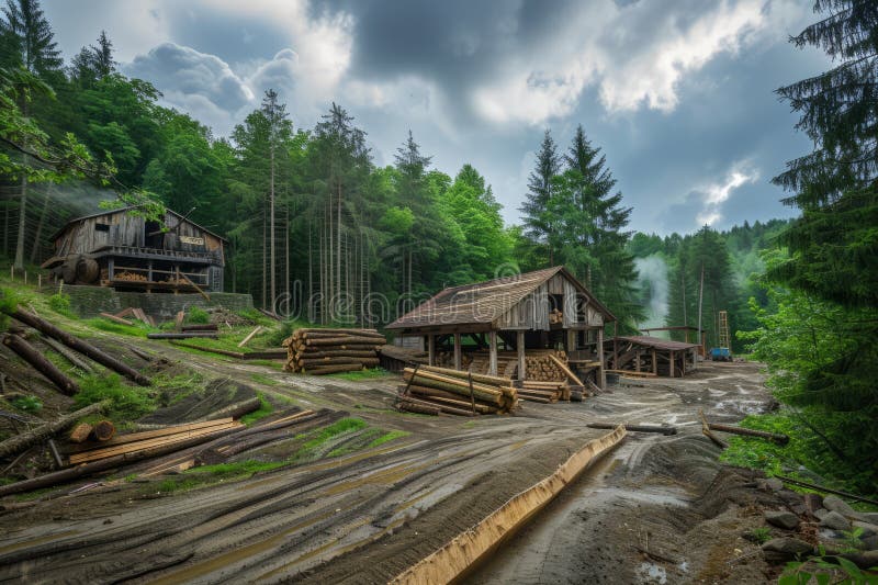 Sawmill, Sawmill Buildings with Equipment with Logs in the Forest Stock ...