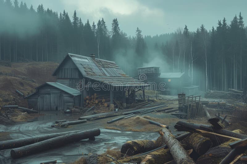 Sawmill, Sawmill Buildings with Equipment with Logs in the Forest Stock ...
