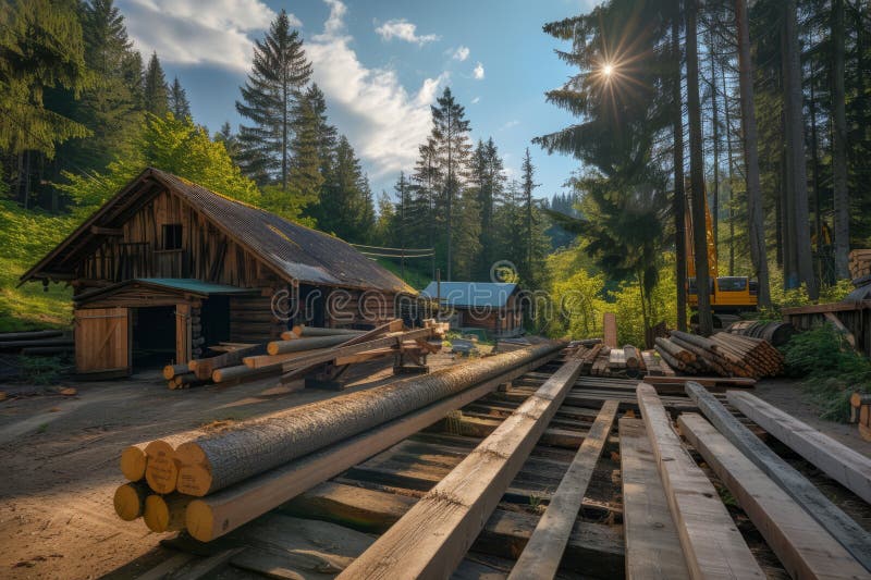 Sawmill, Sawmill Buildings with Equipment with Logs in the Forest Stock ...
