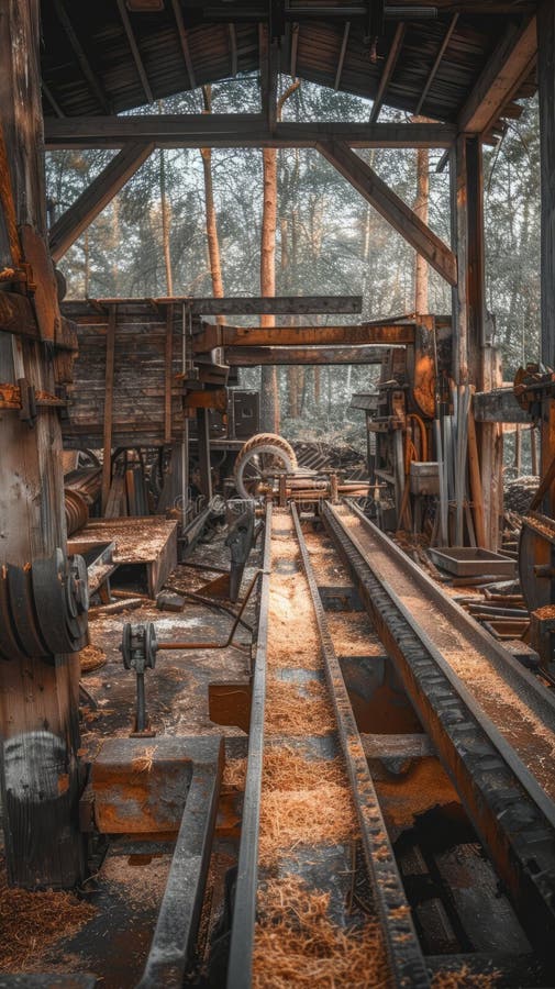 Sawmill, Sawmill Buildings with Equipment with Logs in the Forest Stock ...