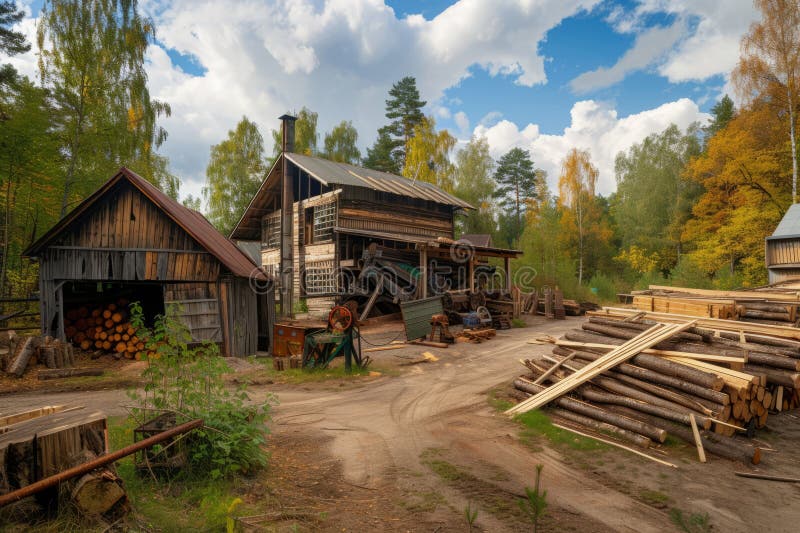 Sawmill, Sawmill Buildings with Equipment with Logs in the Forest Stock ...